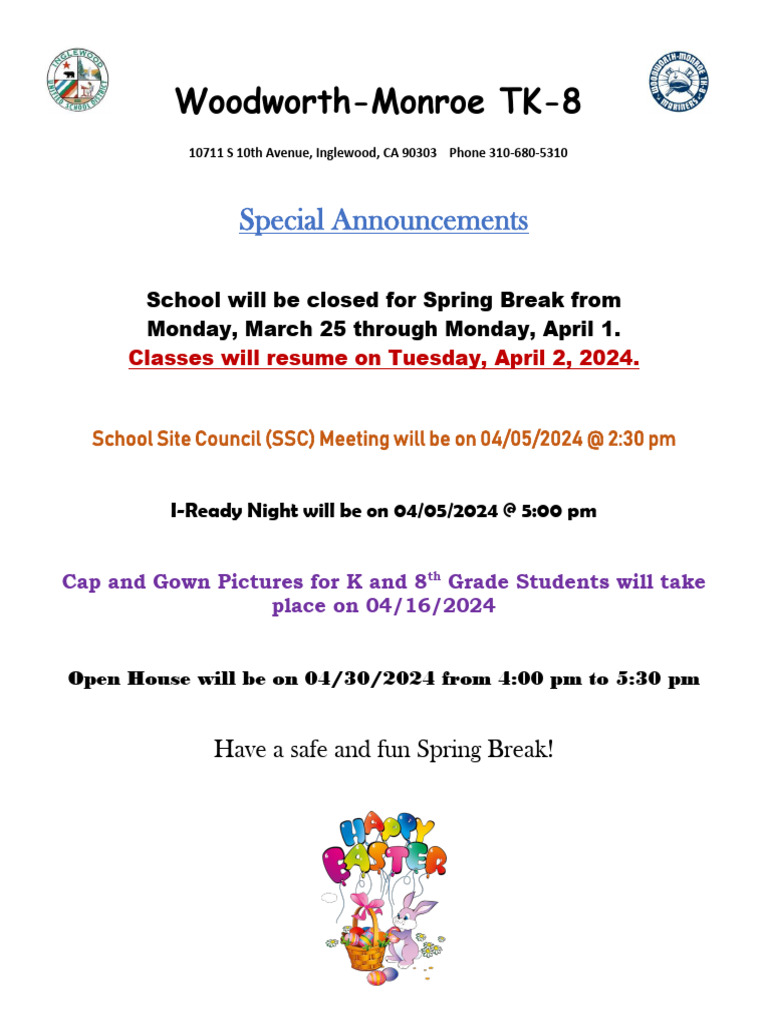 Spring Break Reminder With Special Announcements - 2024 | PDF ...