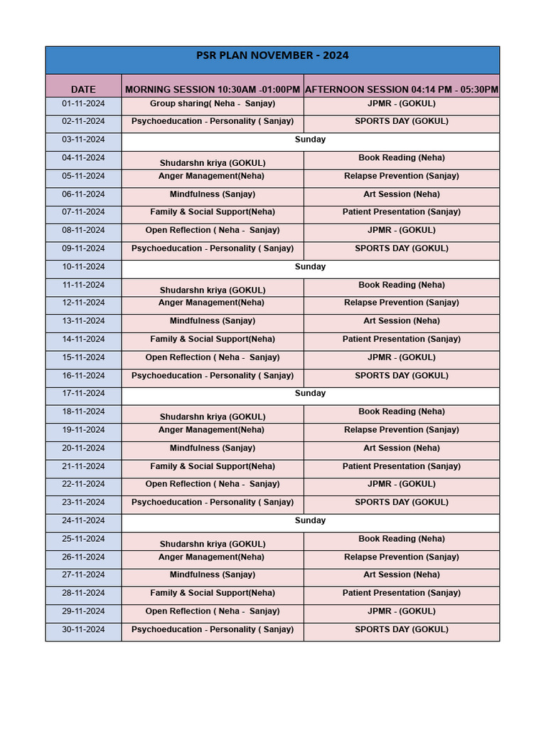 PSR PLAN - November | PDF | Mental Health | Human Diseases And Disorders