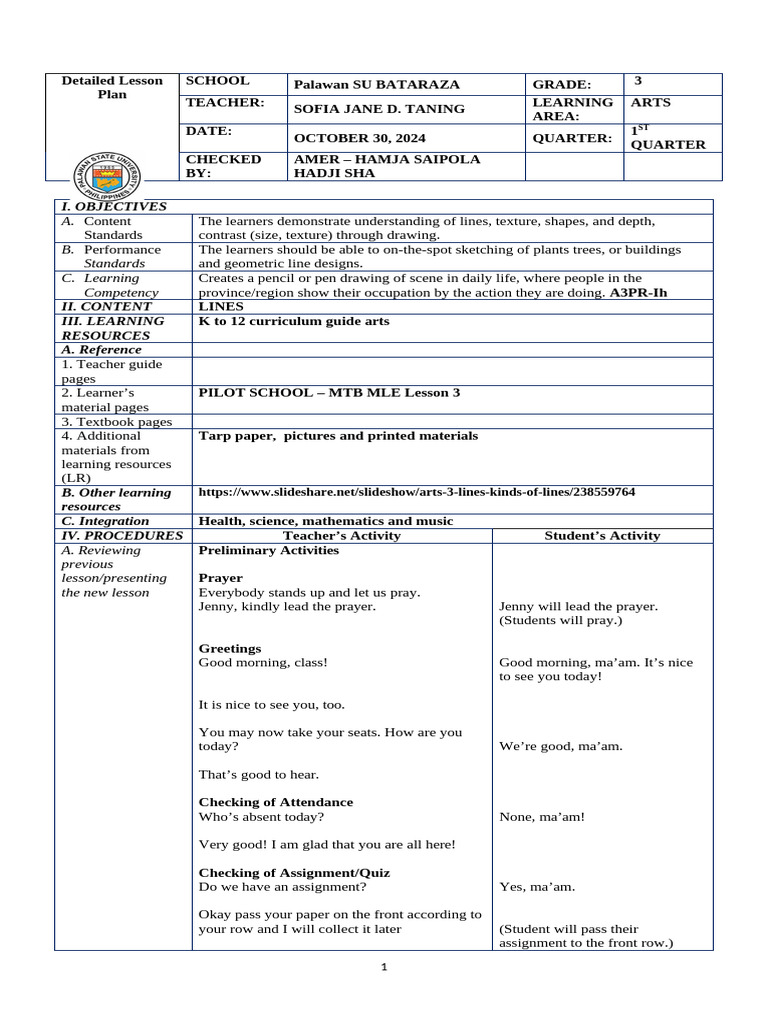 Arts LP Line Grade 1 1st Quarter | PDF | Line (Geometry) | Drawing