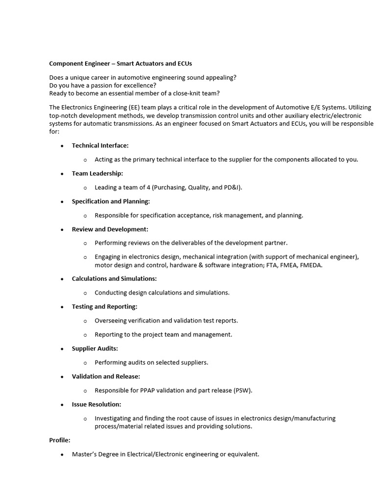 Component Engineer Smart Actuators and ECUs | PDF | Electronics | Engineering
