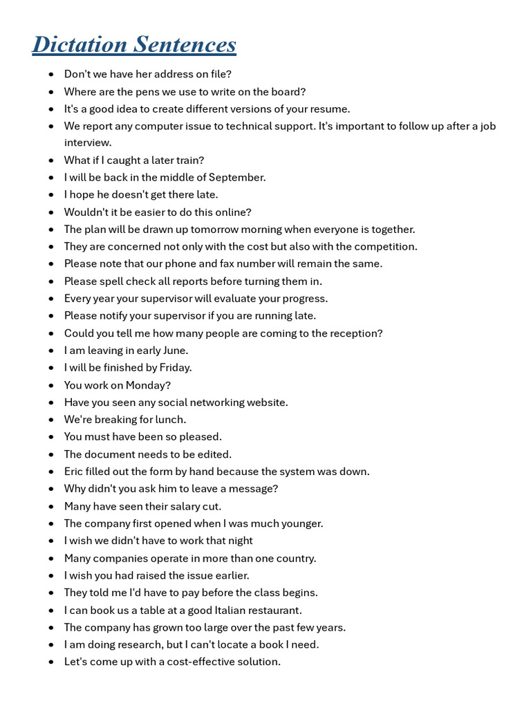Dictation Sentences | PDF