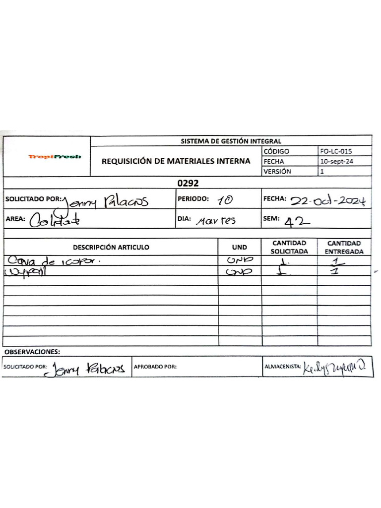 Requisicion 0292 22 Octubre 2024 | PDF
