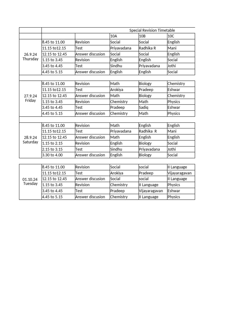 G10 Revision Time Table | PDF
