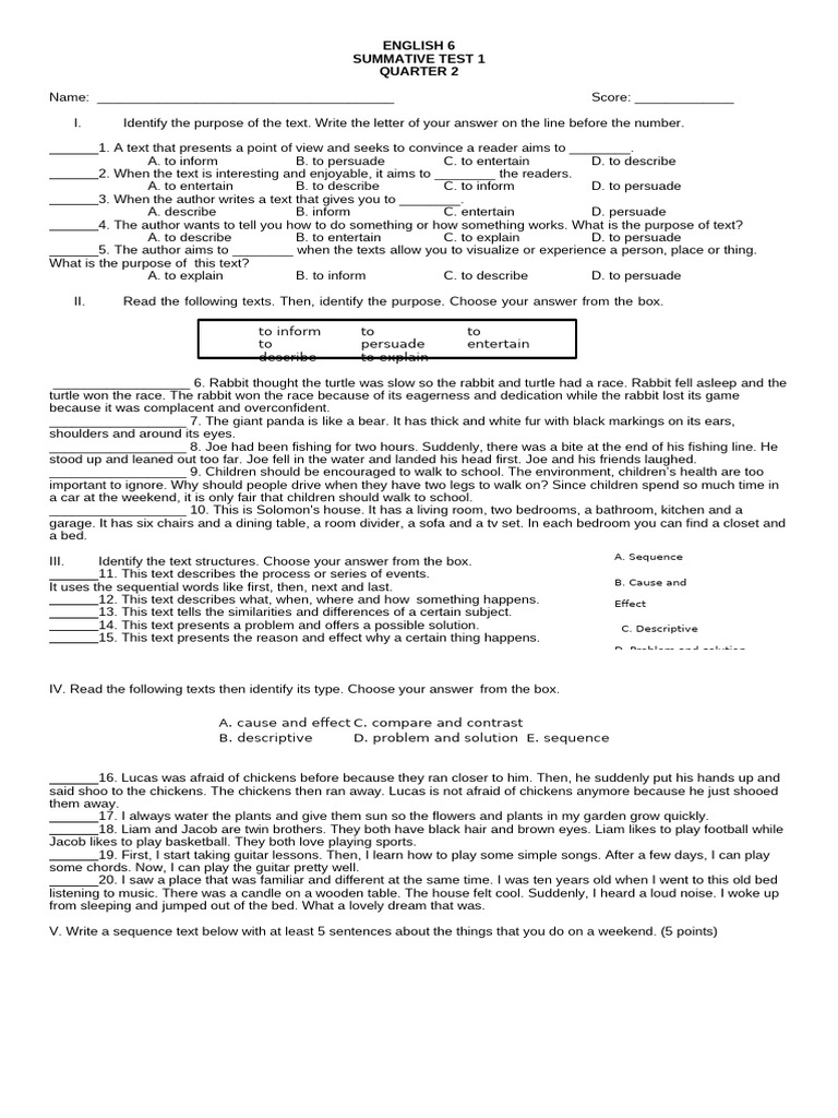 English 6 Quarter 2 Quiz 1 | PDF | Fish | Fallacy