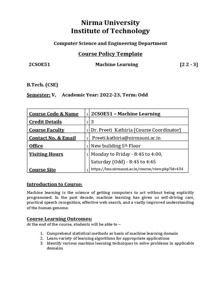 2CSOE51-ML - Course Policy | PDF | Regression Analysis | Machine Learning