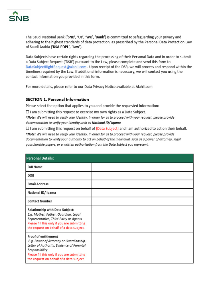 SNB - Data Subject Request Form | PDF | Legal Guardian | Power Of Attorney