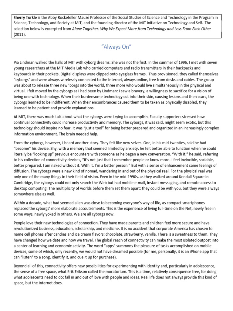 Sherry Turkle- Always On | PDF | Adolescence | Cyborg