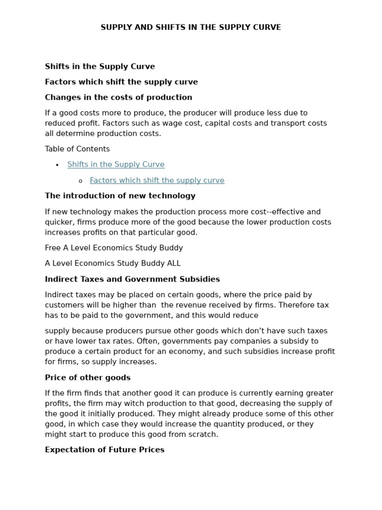 Shifts in the Supply Curve Handout | PDF | Supply (Economics) | Supply ... Shifts in the Supply Curve Handout | PDF | Supply (Economics) | Supply ...