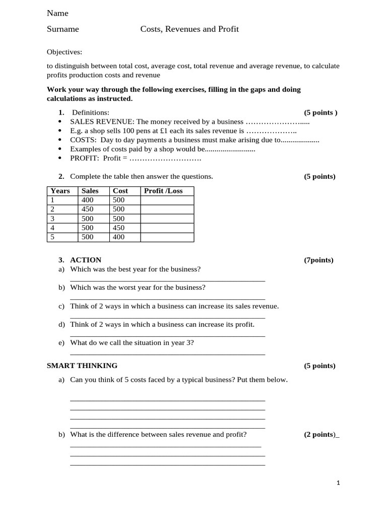 Production, Cost, Revenue Worksheet - Assignment | PDF | Profit ...