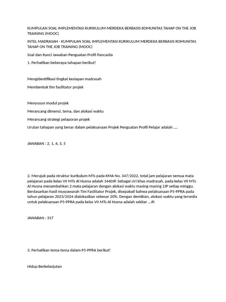 Kumpulan Soal Implementasi Kurikulum Merdeka Berbasis Komunitas Tahap On The Job Training | PDF ...