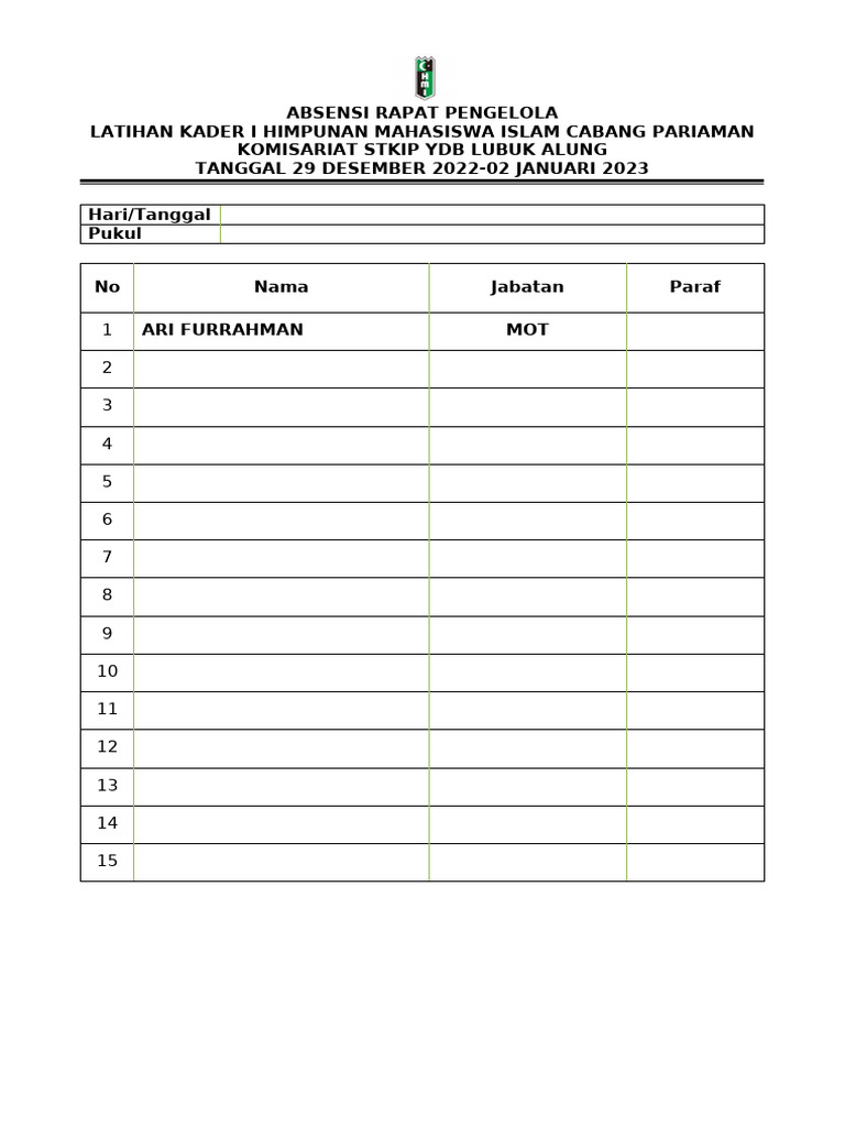 Absensi Rapat Pengelola | PDF