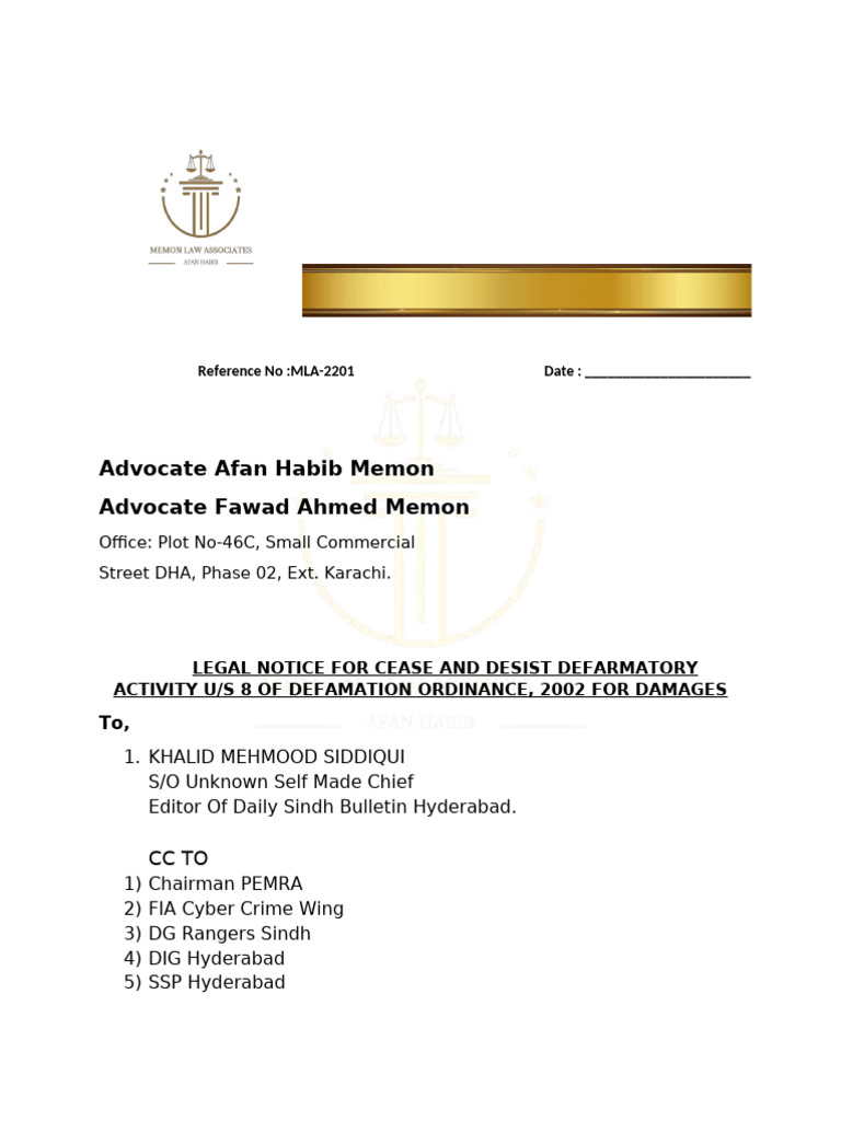 Legal Notice of Arsalan Memon | PDF | Defamation | Justice