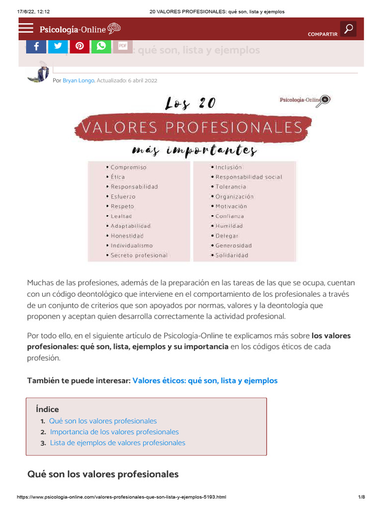 20 Valores Profesionales - Qué Son, Lista y Ejemplos | PDF | Sicología