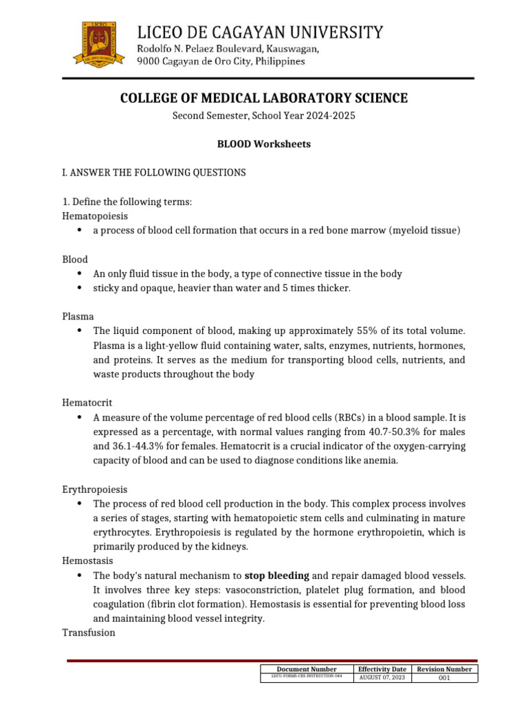 Christine Angel Mae Balsomo - BLOOD WORKSHEET | PDF | Hemoglobin | Blood