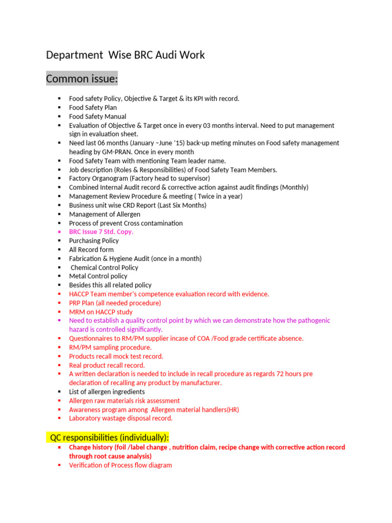 BRC Audit Checklist for Food Safety Compliance | PDF | Food Safety ...