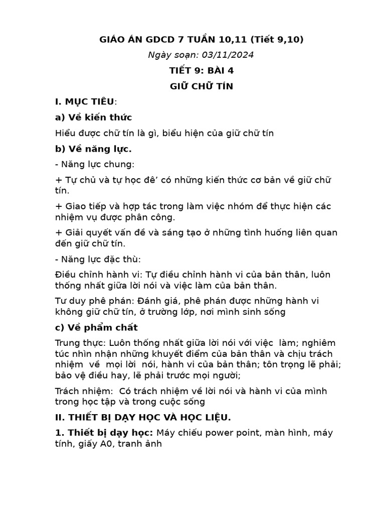 GIÁO ÁN GDCD 7 TUẦN 10 | PDF