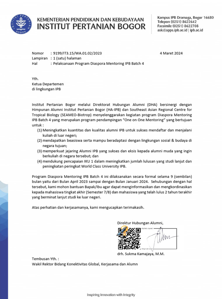 IPB Letter - Pemberitahuan Pelaksanaan Program Diaspora Mentoring IPB Batch 4 | PDF
