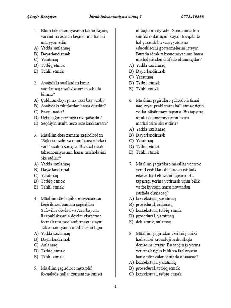 İdrak Taksonomiyası Sınaq 1 | PDF