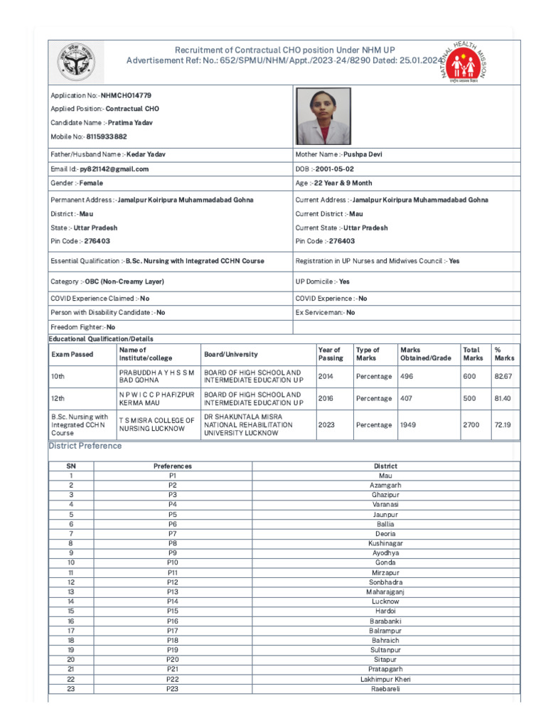 Recurtment of Contractual CHO Position Under NHM UP | PDF
