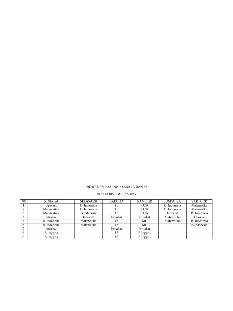 Jadwal Pelajaran Kelas 2a Dan 2B | PDF