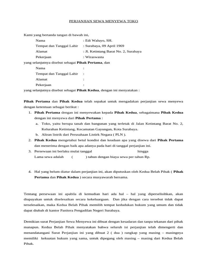 Surat Perjanjian Sewa Toko | PDF | Ilmu Sosial