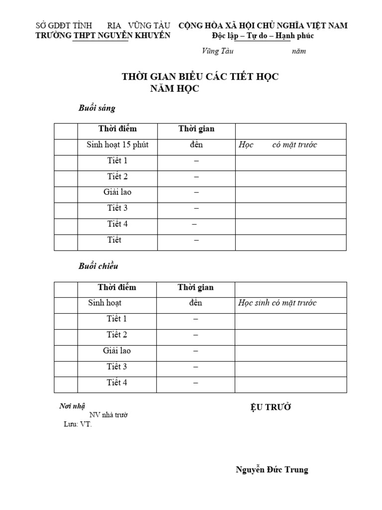 Thoi Gian Bieu Cac Tiet Hoc NH 2024-2025 | PDF