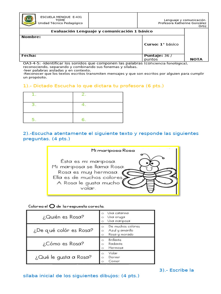 Evaluacion Letra M 1 Basico | PDF