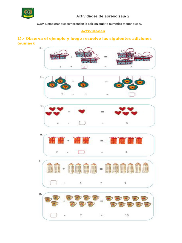 Actividades de Aprendizaje Matematica Adicion | PDF