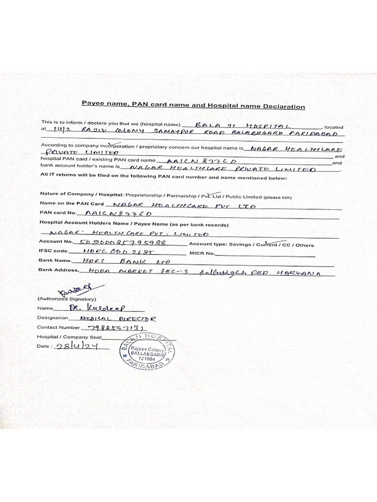 Payee Declaration (1) - Balajihospital | PDF