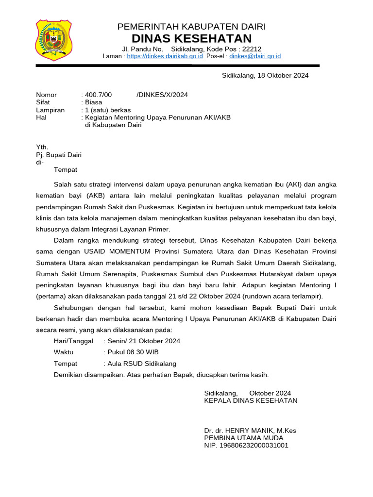 Surat Undangan Bupati Pada Mentoring 1 | PDF | Pengembangan Diri