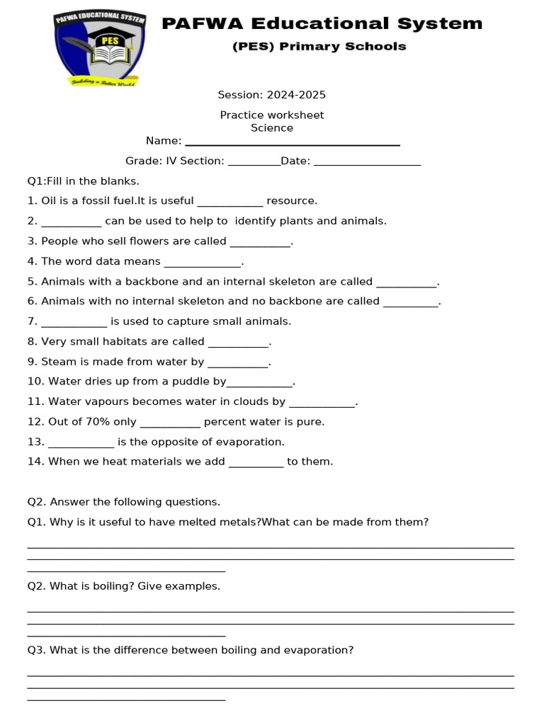 Practice Worksheet Science Grade 4 | PDF | Water | Nature