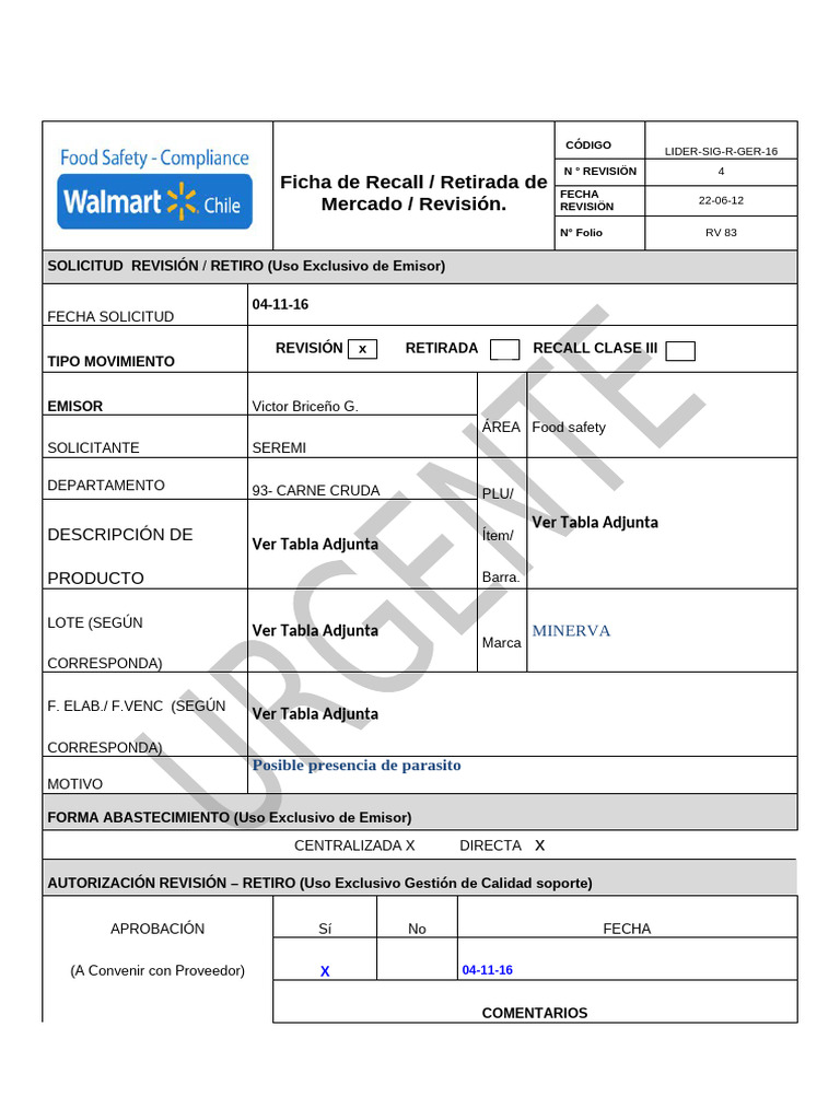 Recall de Producto Minerva por Parasito | PDF