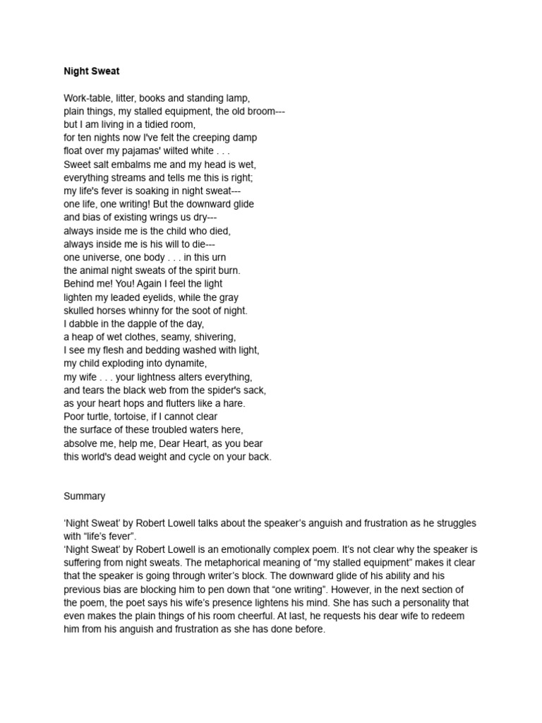 Robert Lowell's "Night Sweat" Analysis | PDF | Poetry | Sonnets