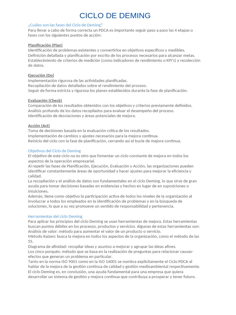 Cuáles Son Las Fases Del Ciclo de Deming | PDF | Planificación | Evaluación