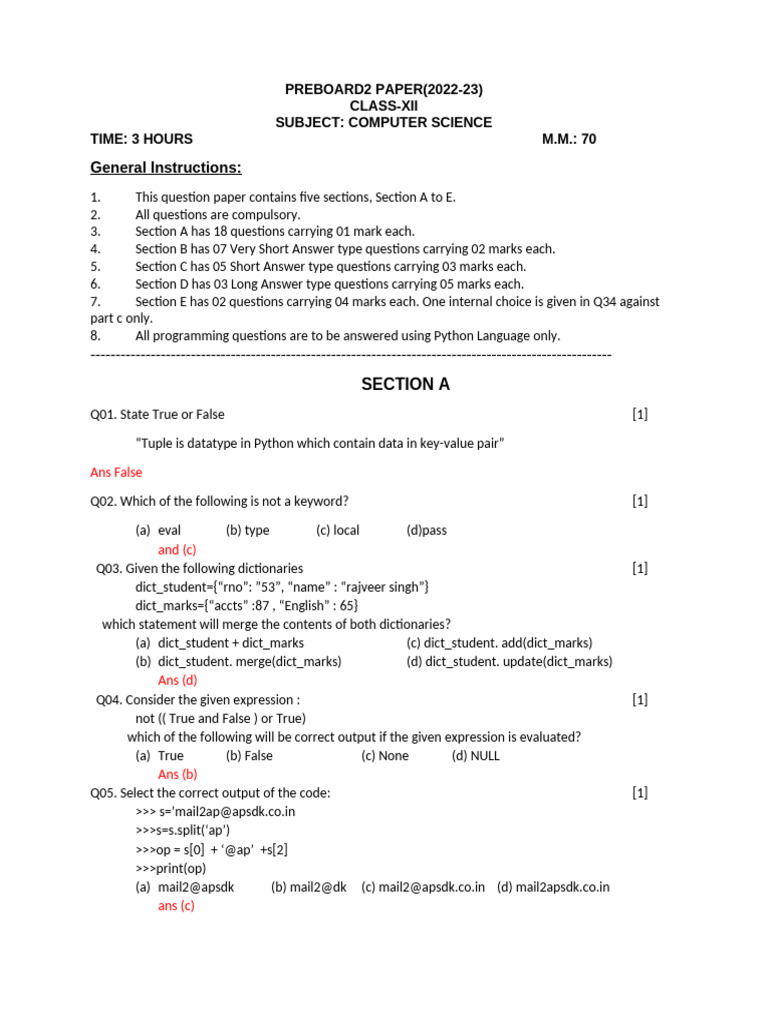 Set 2 Preboard 2022 Answer Key | PDF | Comma Separated Values | Computing