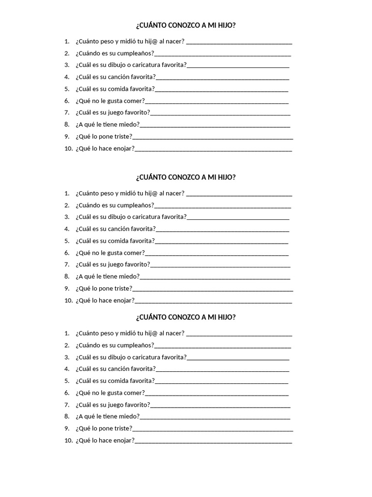 Cuánto Conozco A Mi Hijo - CUESTIONARIO | PDF | Autosuperación
