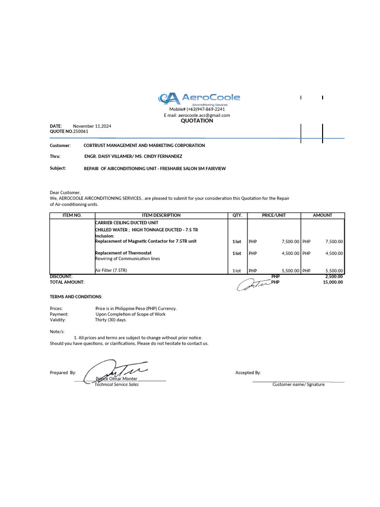 Air Conditioning Repair Quotation | PDF | Currency | Foreign Exchange ...