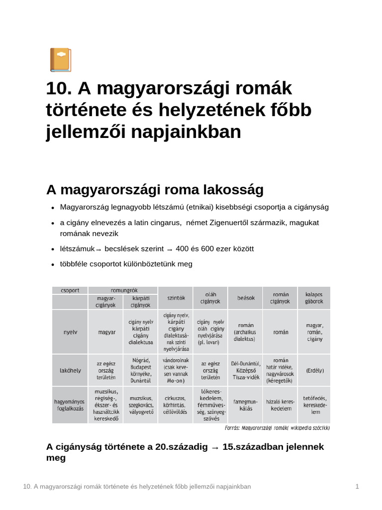 A Magyarországi Romák Története És Helyzetének Főbb Jellemzői ...