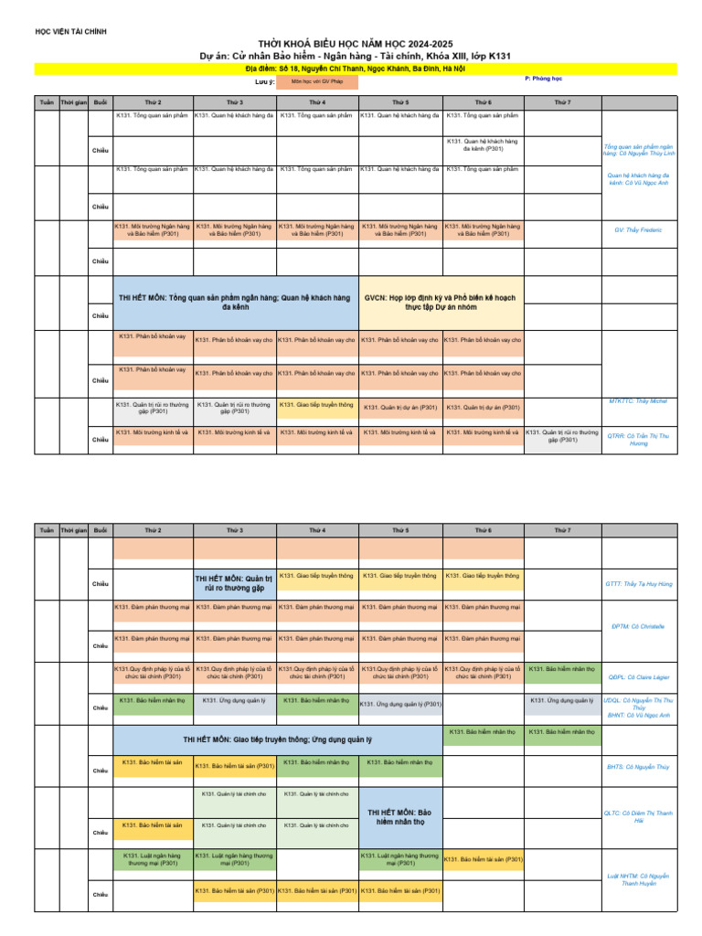 K131 IBF - TKB - Năm Học 2024.2025 - Toàn Khóa V1 | PDF