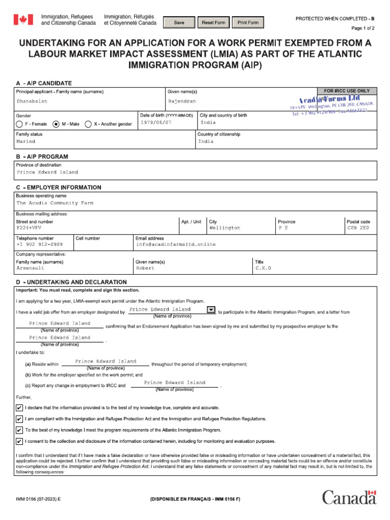 LMIA Undertacking WORK PERMIT | PDF