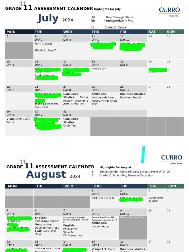 Grade 11 Assessment Calendar 2024 | PDF