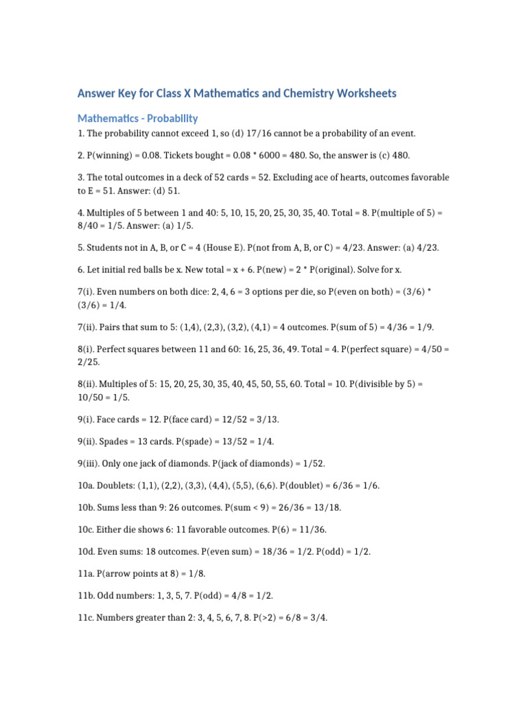 Answer Key Class X Math Chemistry Worksheet | PDF | Odds | Gambling