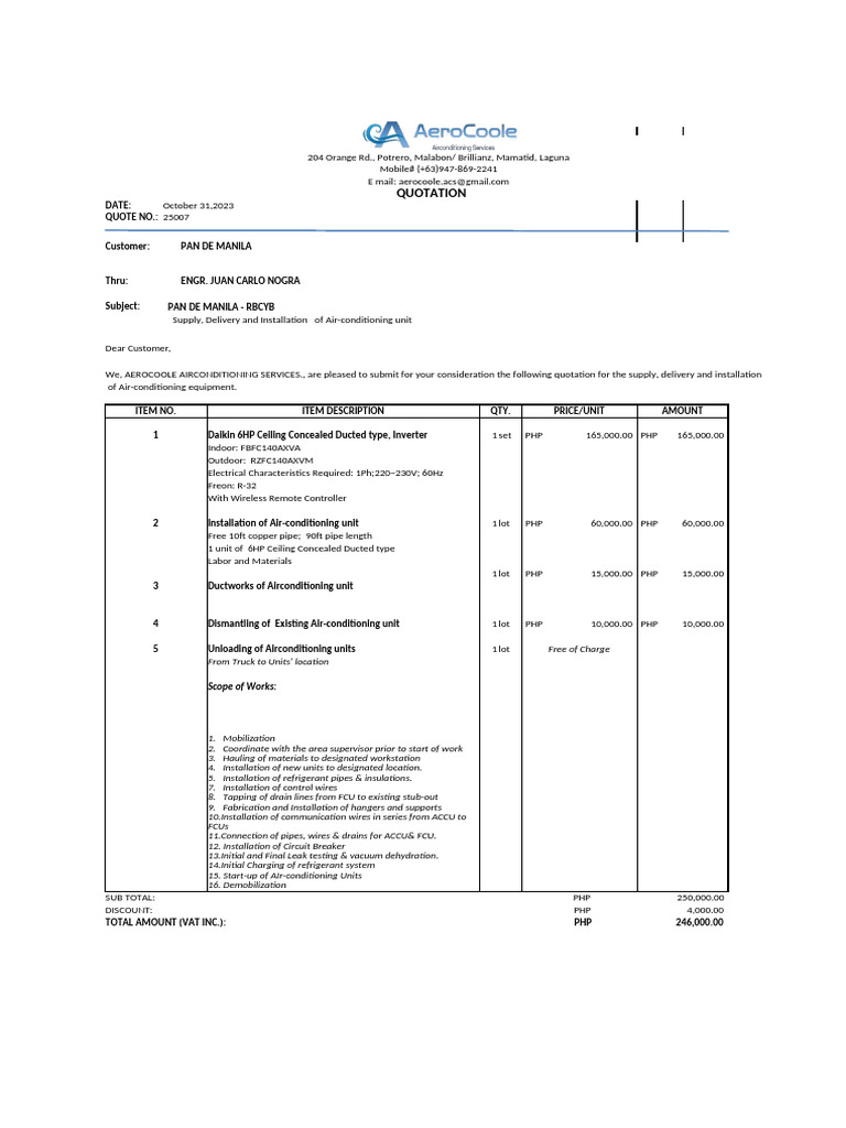 Acssi Quotation 25007 Rbcyb | PDF | Air Conditioning | Home Appliance