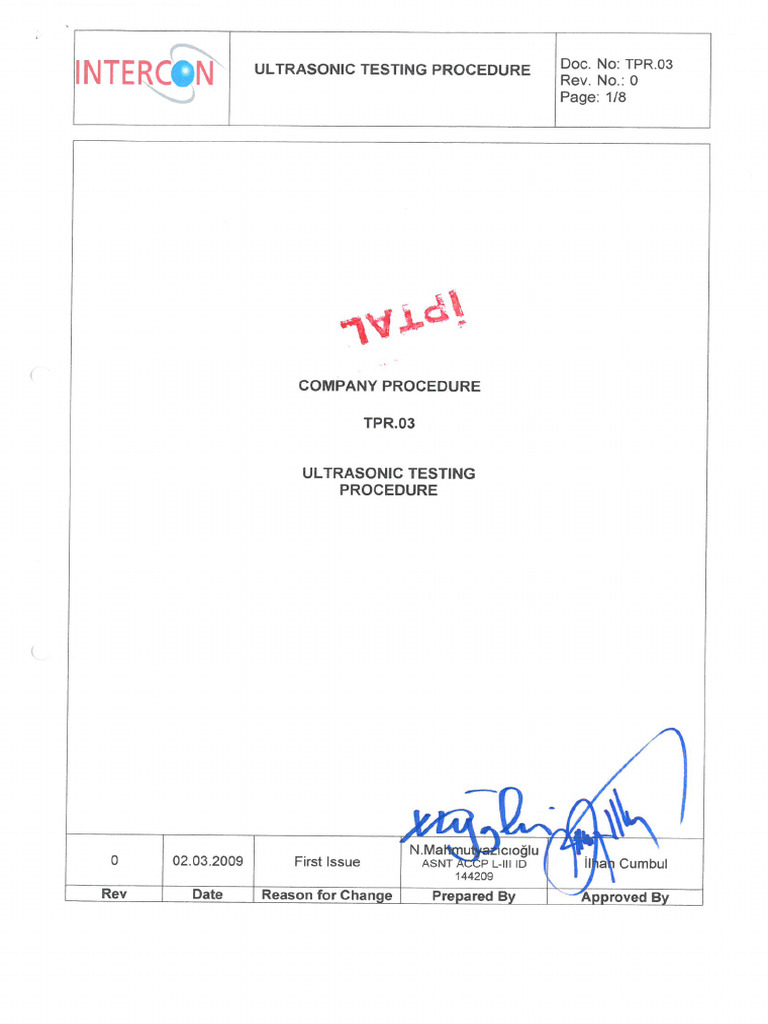 INT - TPR.03.Rev.0 - Ultrasonic Testing Procedure (ID 32468) | PDF