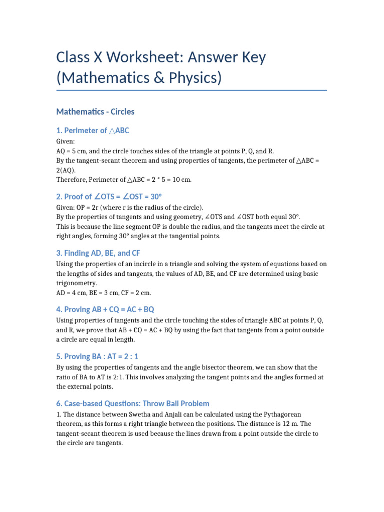 Full Answer Key Class X | PDF | Circle | Triangle