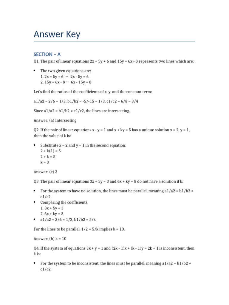 Answer Key | PDF | System Of Linear Equations | Equations