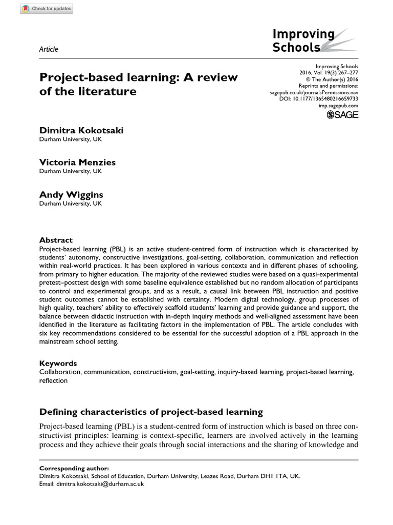Project-Based Learning - A Review of The Literature | PDF | Project Based Learning | Teachers