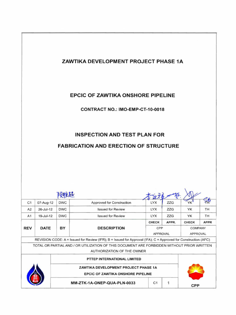 Mm-Ztk-1a-Onep-Qua-Pln-0033 - Itp For Fabrication and Erection | PDF | Welding | Construction