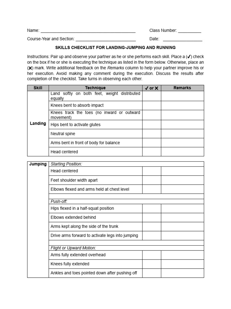 Landing and Jumping Skills Checklist | PDF | Anatomical Terms Of Motion ...