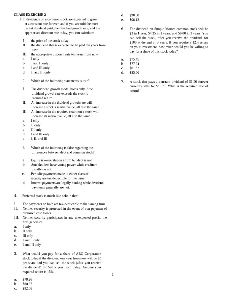 CLASS EXERCISE 2 | PDF | Stocks | Dividend